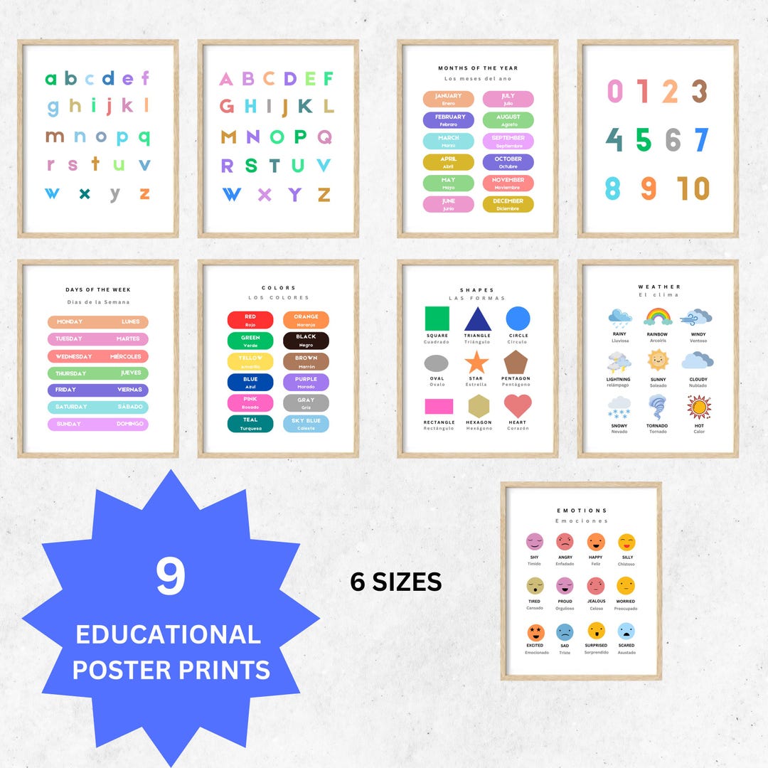 8 Bilingual Spanish Educational Posters, Spanish Learning Postes, Set ...