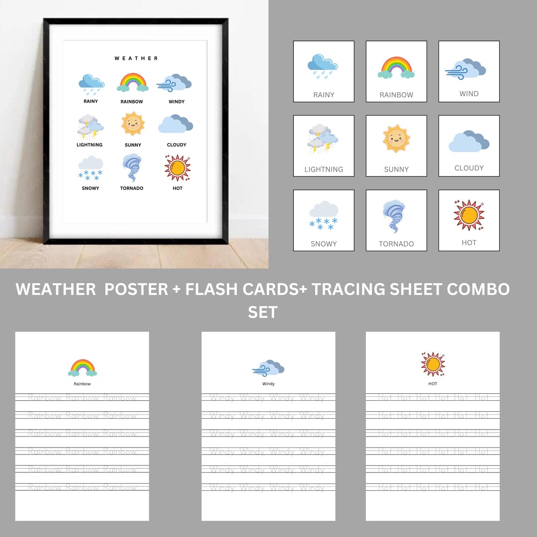 Weather Poster, Flashcards and Worksheets Set Weather Chart, Kids Wall ...