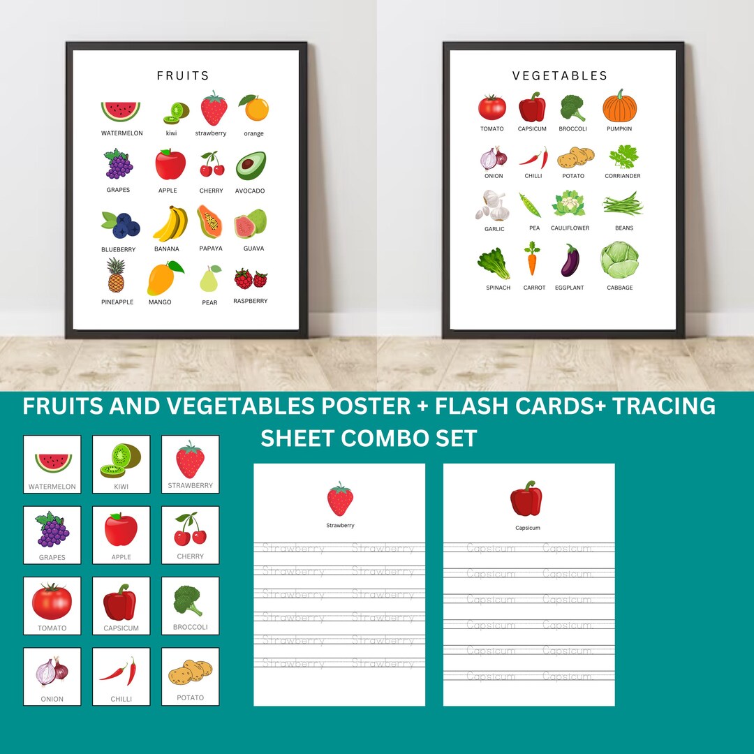 Printable Vegetables and Fruits Educational Posters With Flashcards and ...