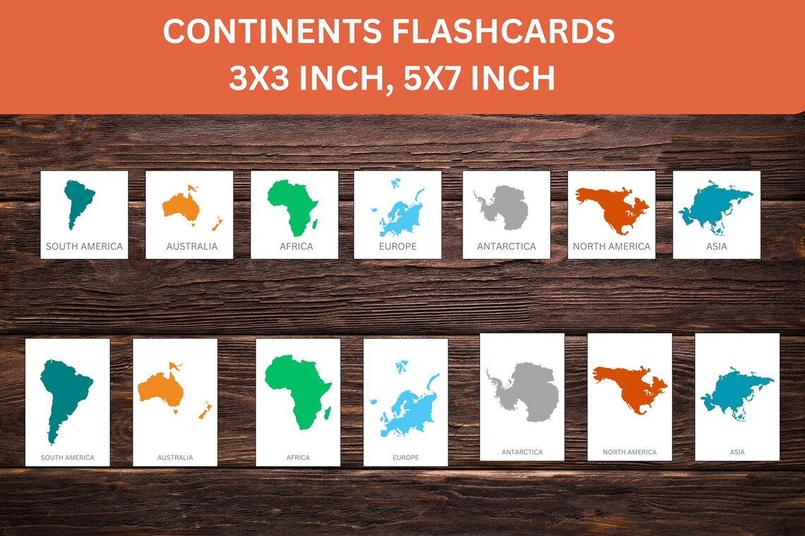 Continents Flashcards, Continent Map Flash Playroom Educational Poster ...