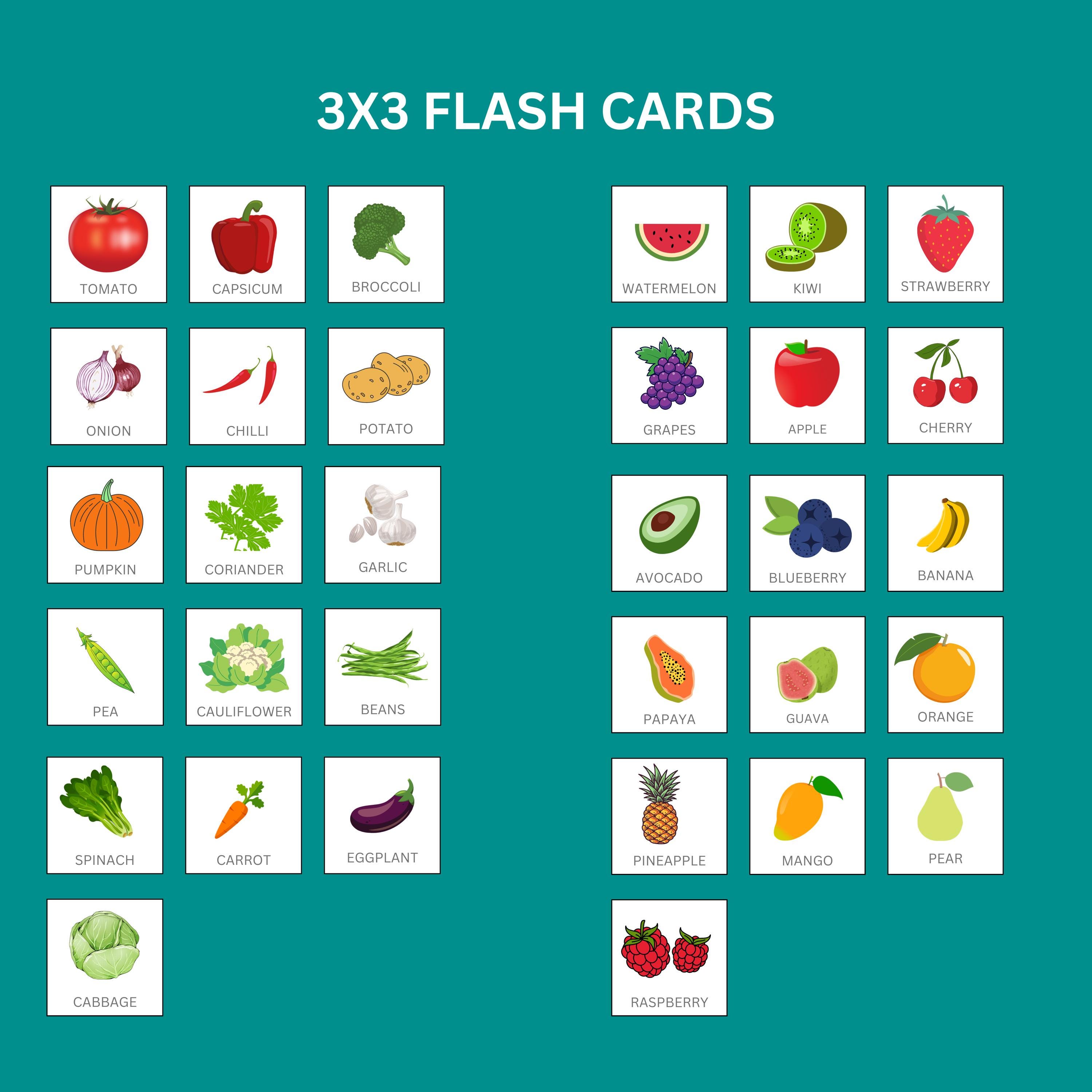 Printable Vegetables and Fruits Educational Posters With Flashcards and ...