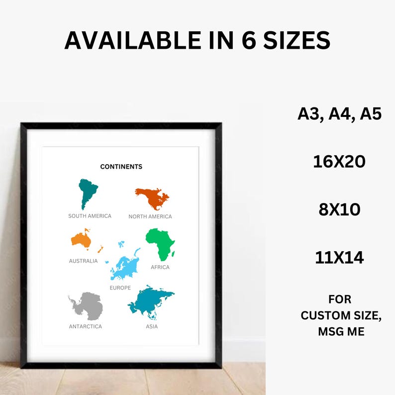 Continents Poster, Nursery Print With Worksheet and Flashcards Playroom ...