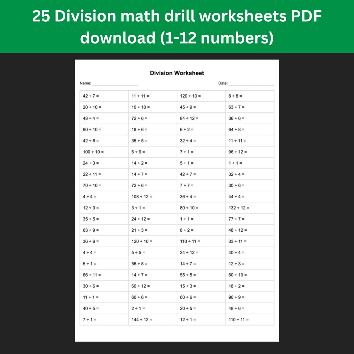 Printable Division Math Worksheets, Single Digit (PDF Download) - Etsy