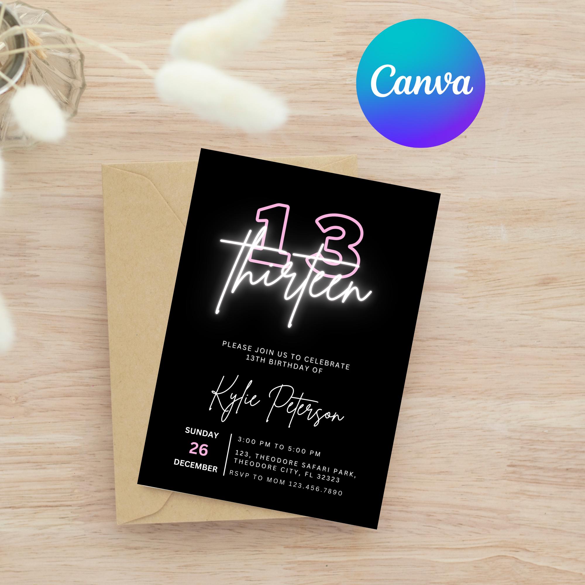 13th Birthday Invitation Template Glow Birthday Invite Canva for Girl ...
