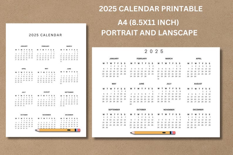 Printable 2025 Year Calendar Portrait Landscape Instant Download ...