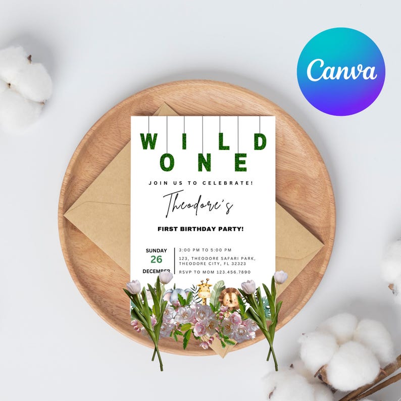 Wild One First Birthday Party Invitation Template Card Canva Editable ...
