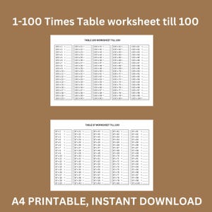 Multiplication Times Table 1-100 Worksheet PDF Instant Download A4, 100 ...