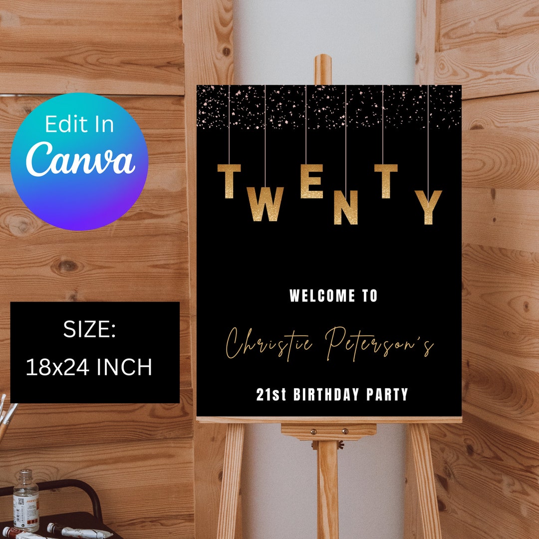 20th Welcome Sign Golden Glitter Sparkle, Twenty Birthday Welcome Sign ...