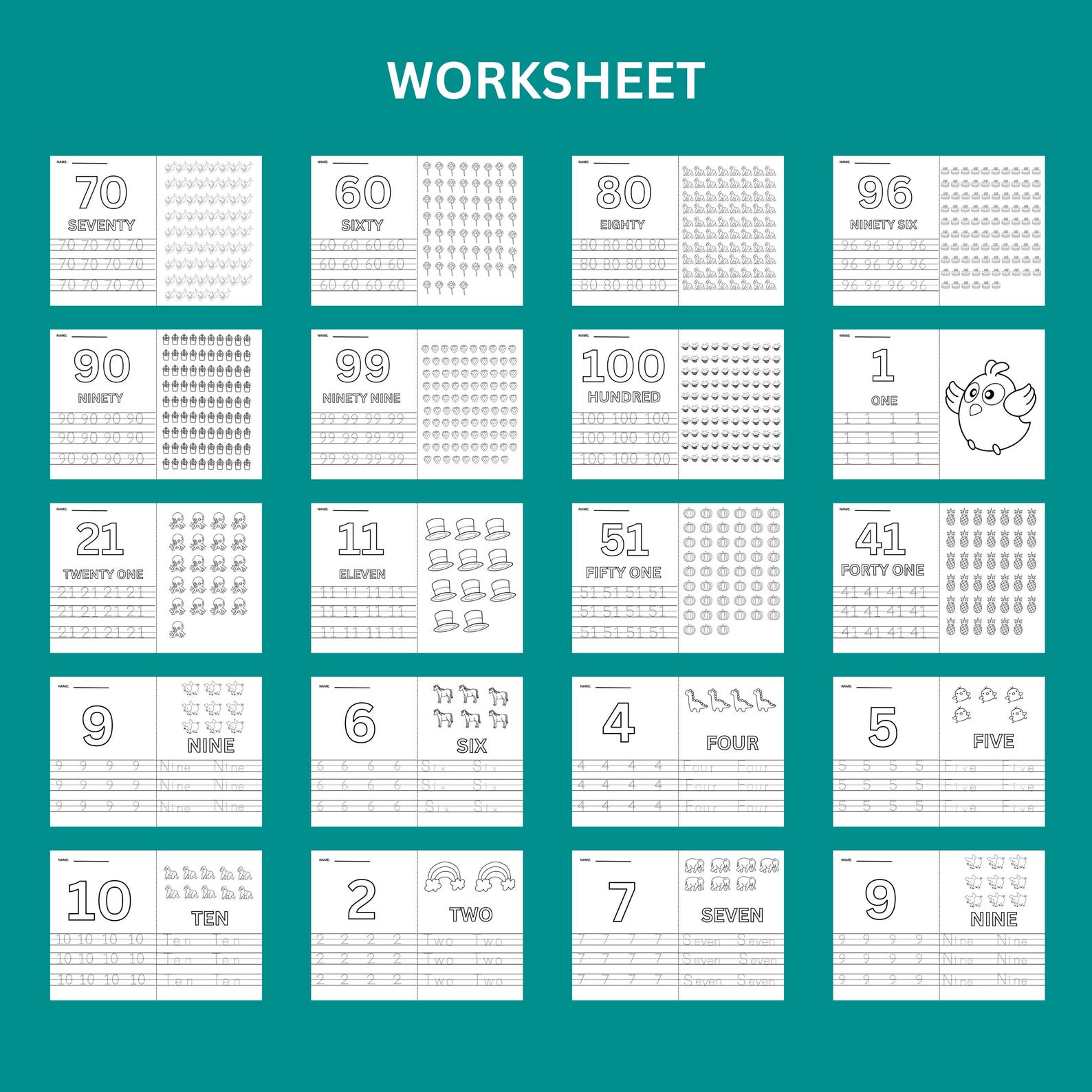 Count to 100 Printable Posters Flashcards and Worksheets Set, Numbers ...