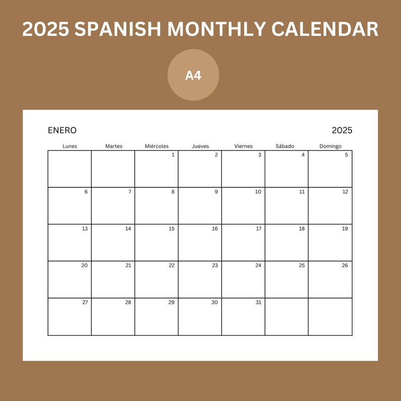 2025 Monthly Calendar Spanish Landscape, Printable Calendar Template ...