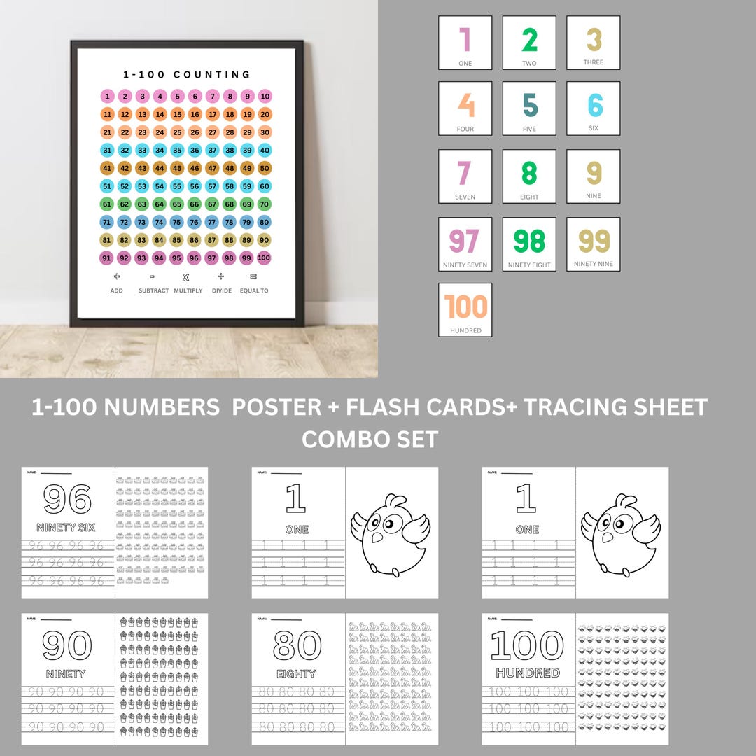Count to 100 Printable Posters Flashcards and Worksheets Set, Numbers ...