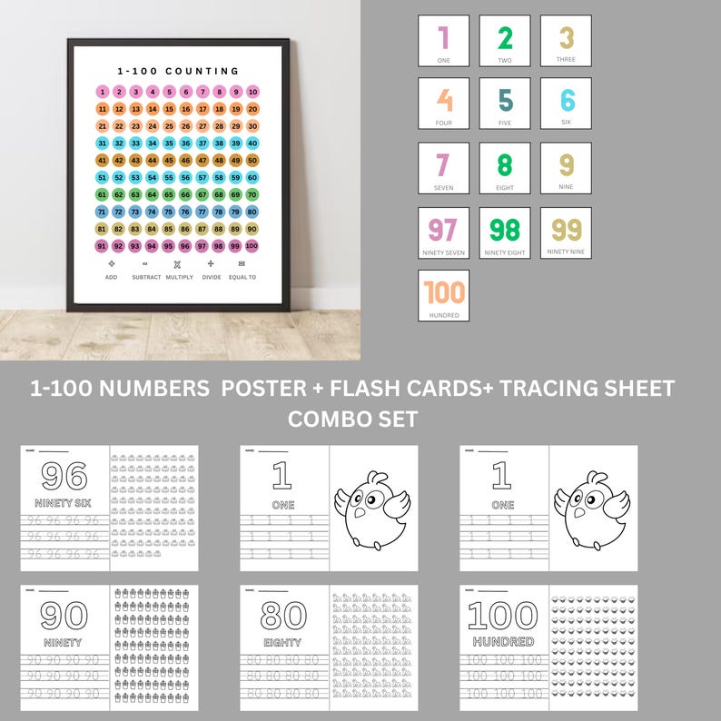 Count to 100 Printable Posters Flashcards and Worksheets Set, Numbers ...