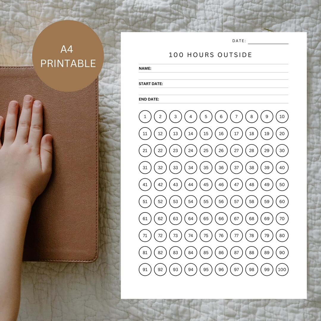 100 Hours Outside Tracker Printable, Track Your Time Outdoors, Activity ...