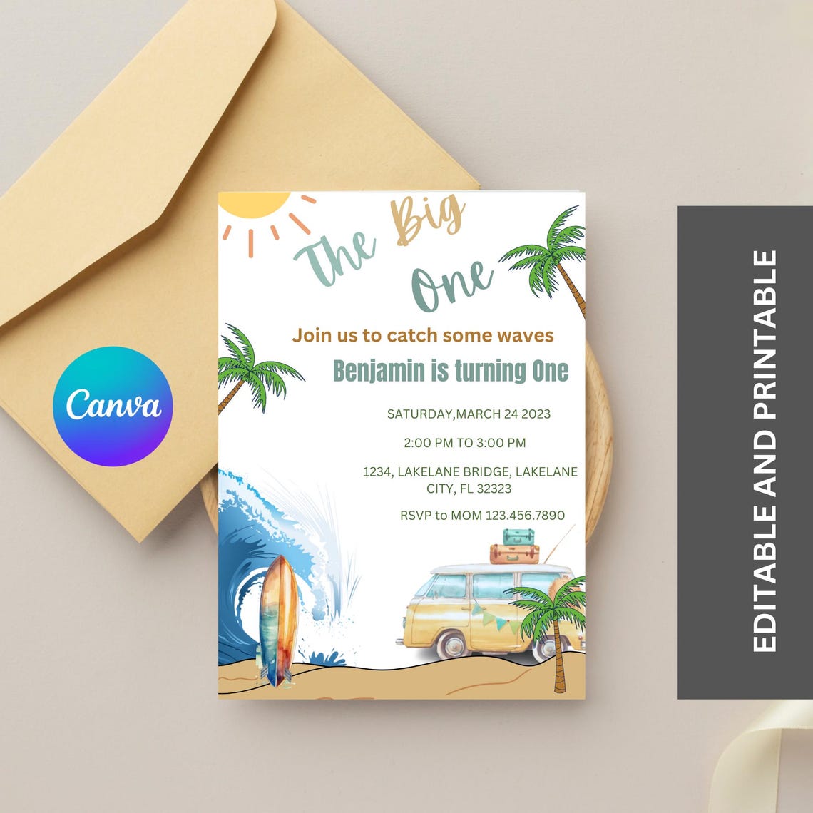 Editable the Big One Surfs up Birthday Invitation Template Editable in ...