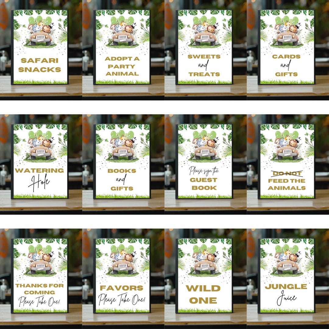 12 Jungle Safari Table Signs Set Wild One Party Animals Sweets and ...