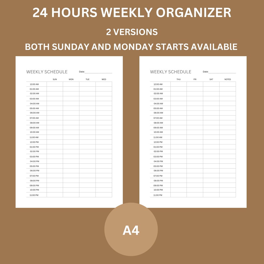 24 Hour Weekly Schedule on 2 Pages, Week at a Glance, Weekly Agenda ...
