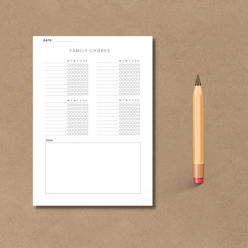 Family Chore Chart for 4 Kids / Adults Printable Template, Weekly ...