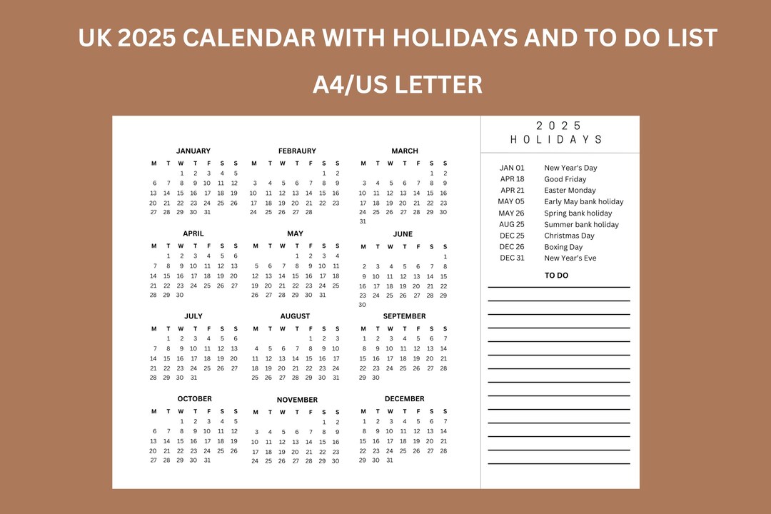 UK 2025 Year Calendar With Holidays on One Page, Printable, Landscape ...