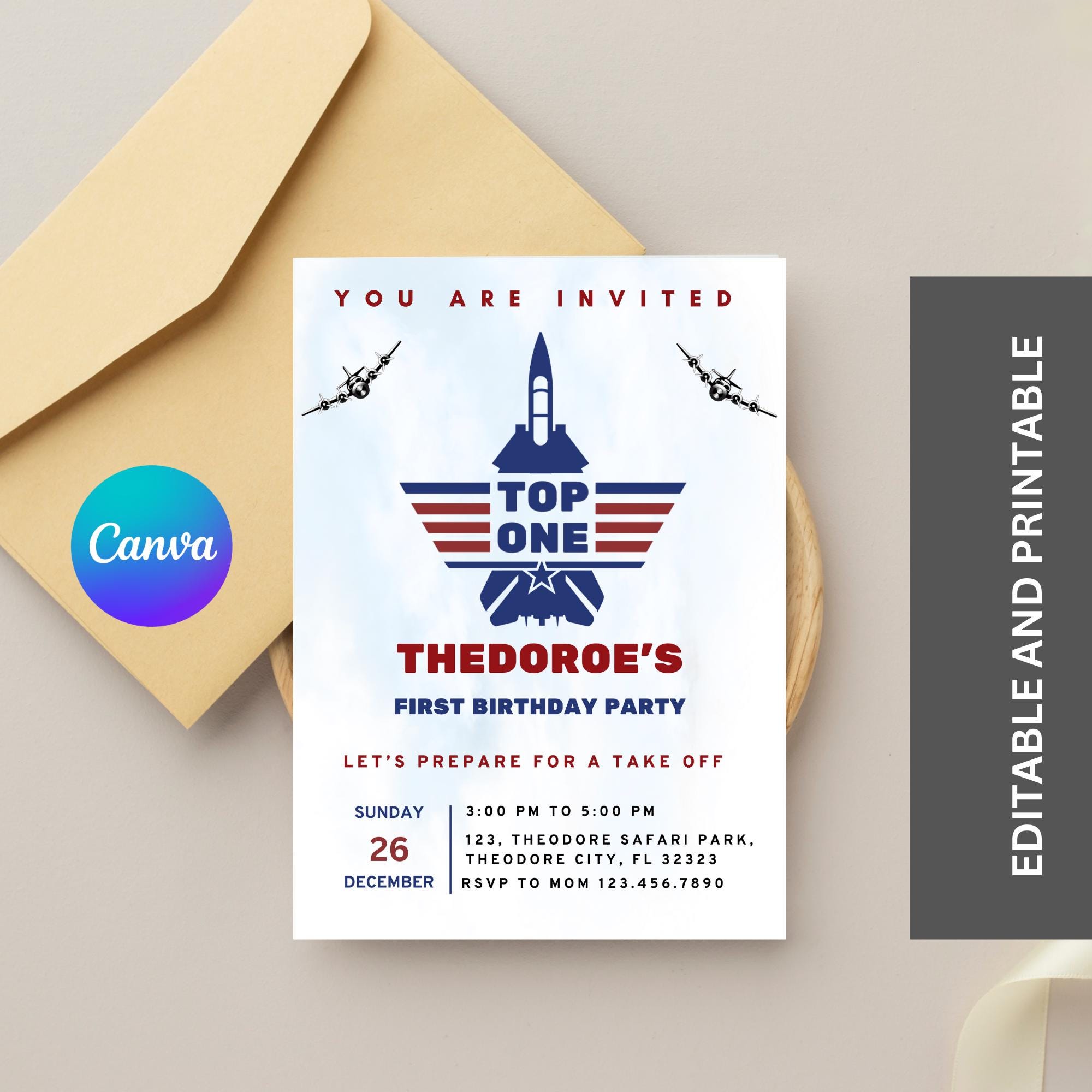 Editable Top One Fighter Pilot Birthday Invitation - Jet Pilot Theme ...