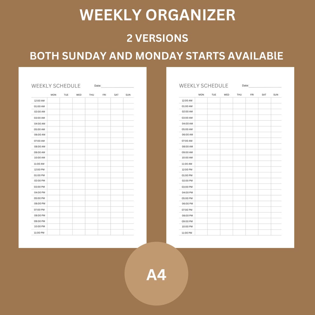 24 Hour Weekly Schedule, Week at a Glance, Weekly Agenda, Weekly ...
