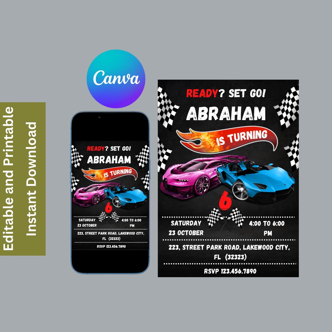 Editable Wheels Hot Cars Birthday Invitation Template Printable Canva ...