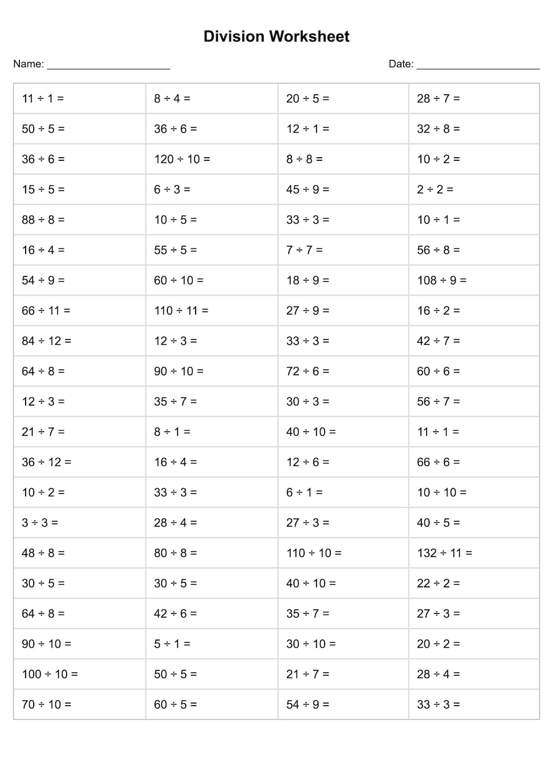 Printable Division Math Worksheets, Single Digit (PDF Download) - Etsy
