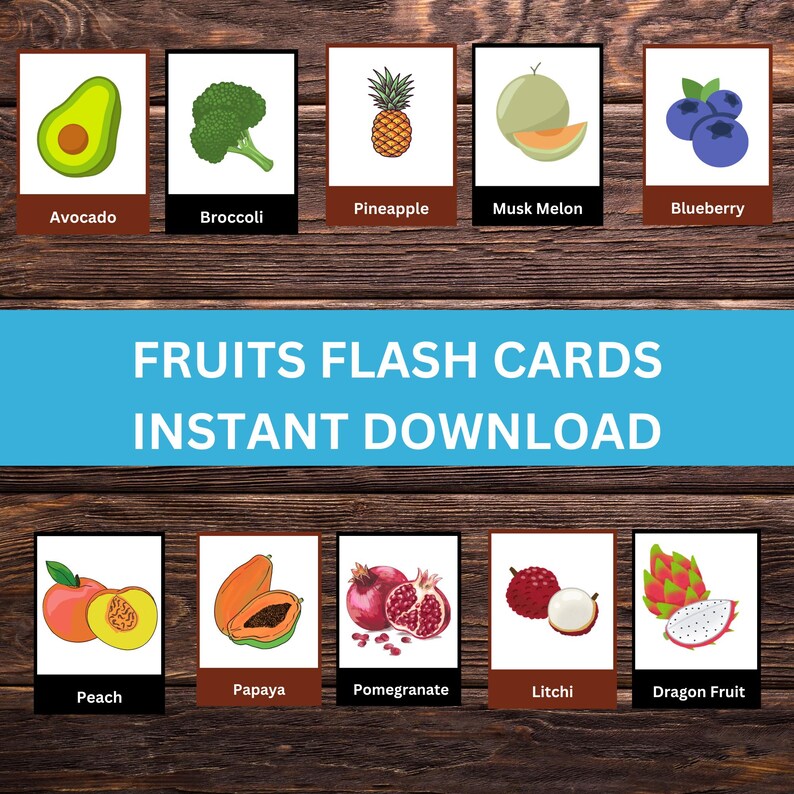 20 Fruits Flashcards Fruits Printable Montessori Flashcards Pre-school ...