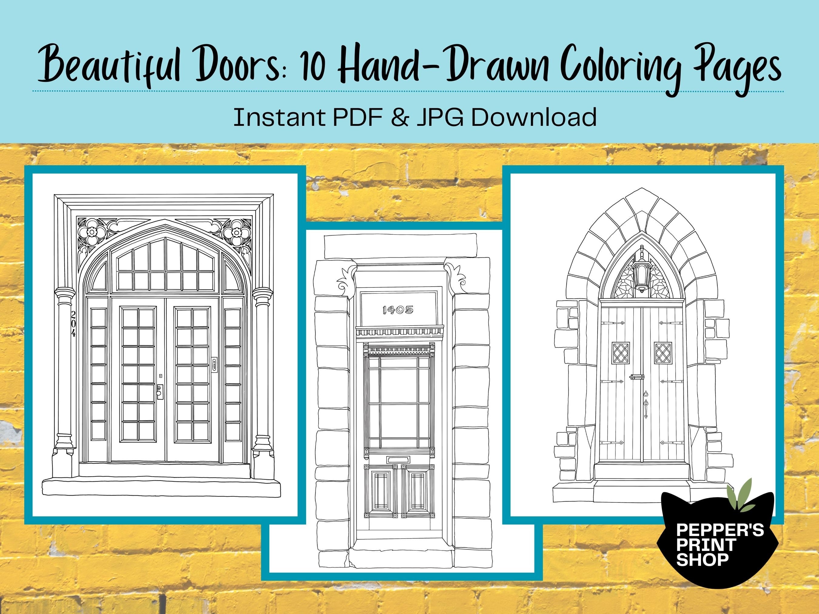 10 Hand-drawn Beautiful Doors - Coloring Pages for Digital Download - Etsy