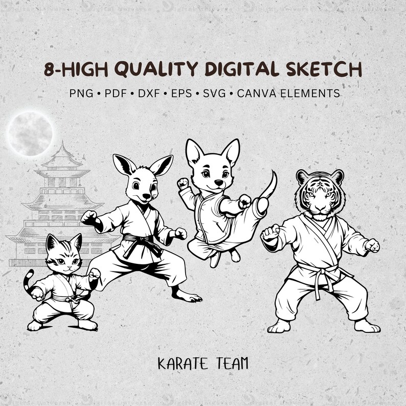 Cool EDITABLE ANIMAL KARATE Outline Digital Drawing | 300dpi-png Svg ...