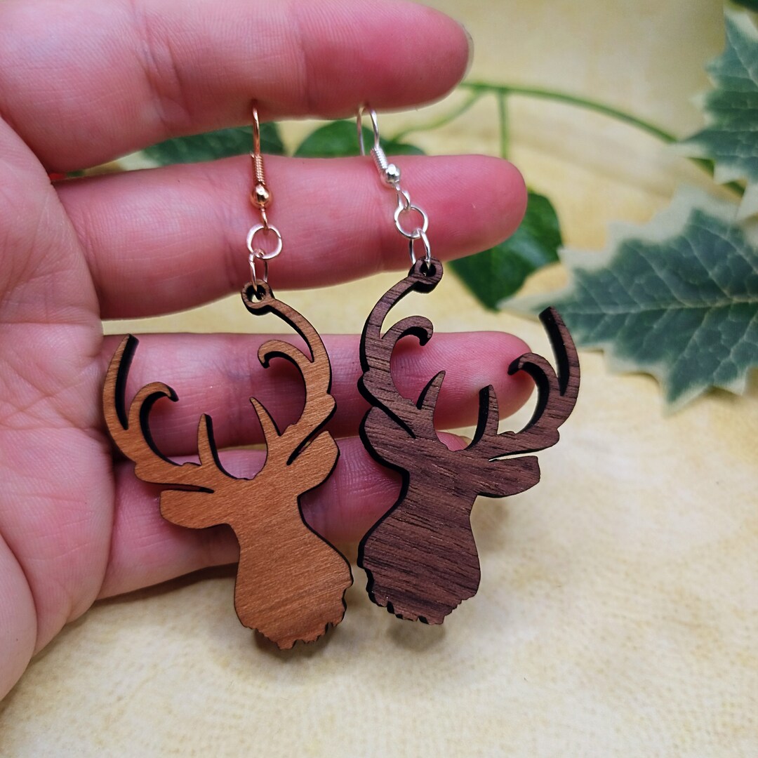 Wooden Stag Earrings, Deer With Antlers, Christmas Reindeer Dangles - Etsy
