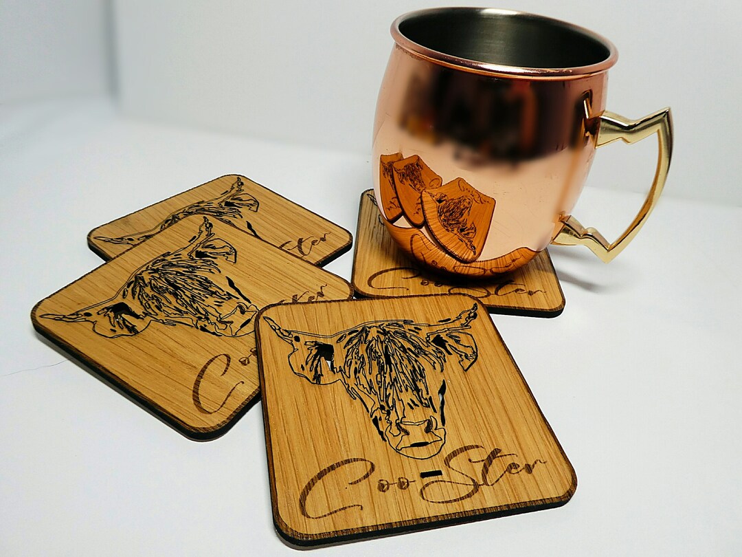 Highland Cow Coasters, Set of 1, 2, 4, 6 or 8 Oak Farm House Style ...