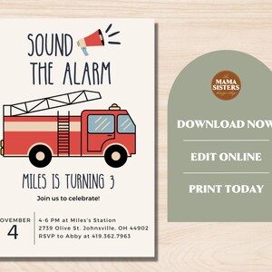 Fire Truck Birthday Invitation, Firetruck Invitation, Fire Engine ...