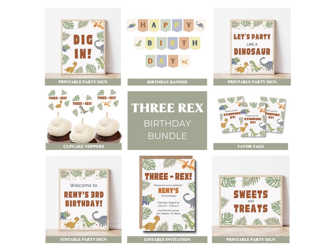 Three Rex Party Decoration, Three Rex Invitation, Three Rex Birthday ...