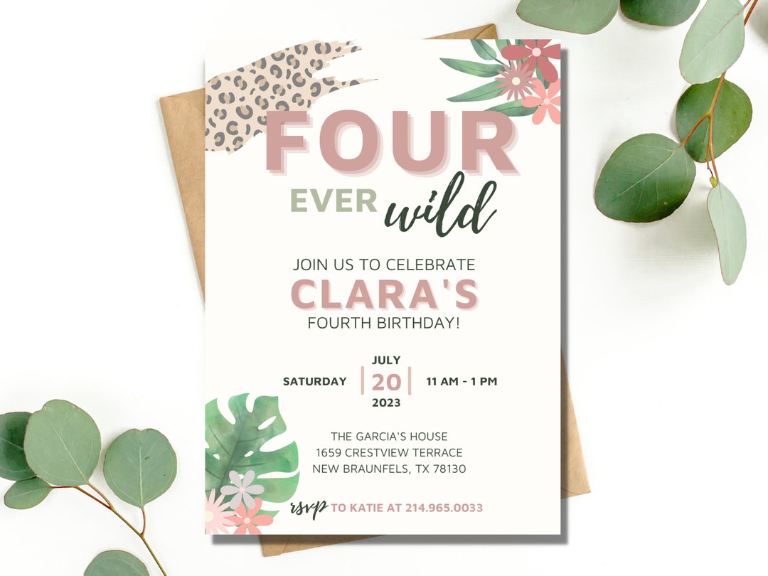 Four Ever Wild Invitation | Four Ever Wild Birthday Invitation Girl ...