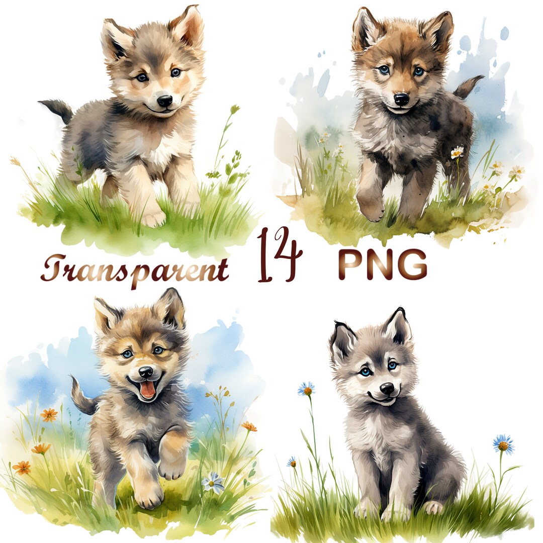 14 Wolf Clipart Bundle PNG, Watercolor Wolf PNG, Baby Wolf Pack PNG for ...