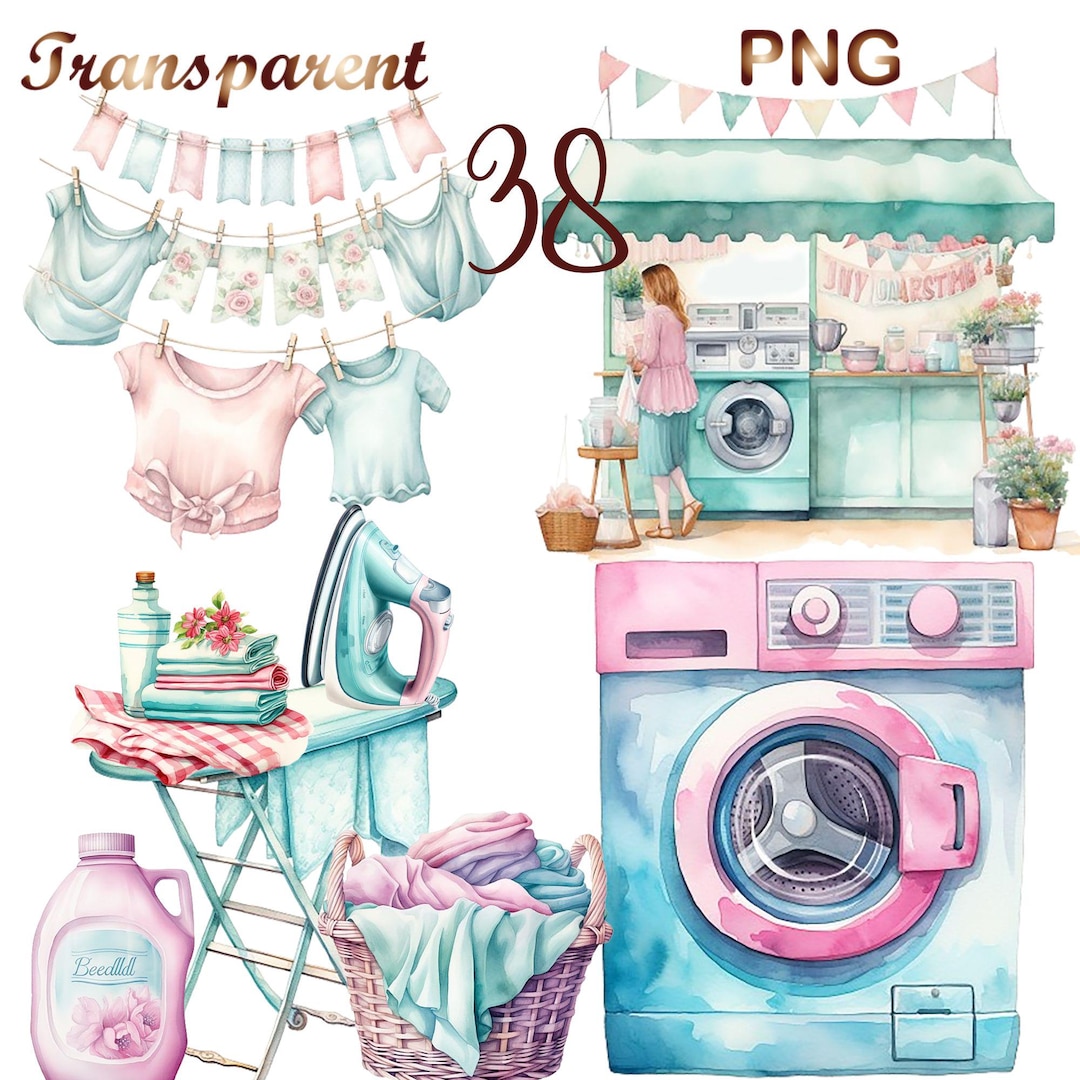 38 PNG Laundry Clipart Bundle Clothesline Clipart, Invitation Elements ...