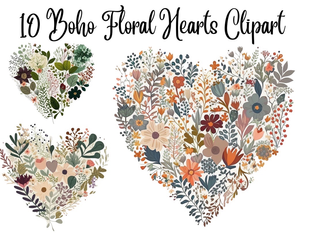 10 Boho Hearts Clipart, Floral Clipart, Jpgs, Commercial Use, Digital ...