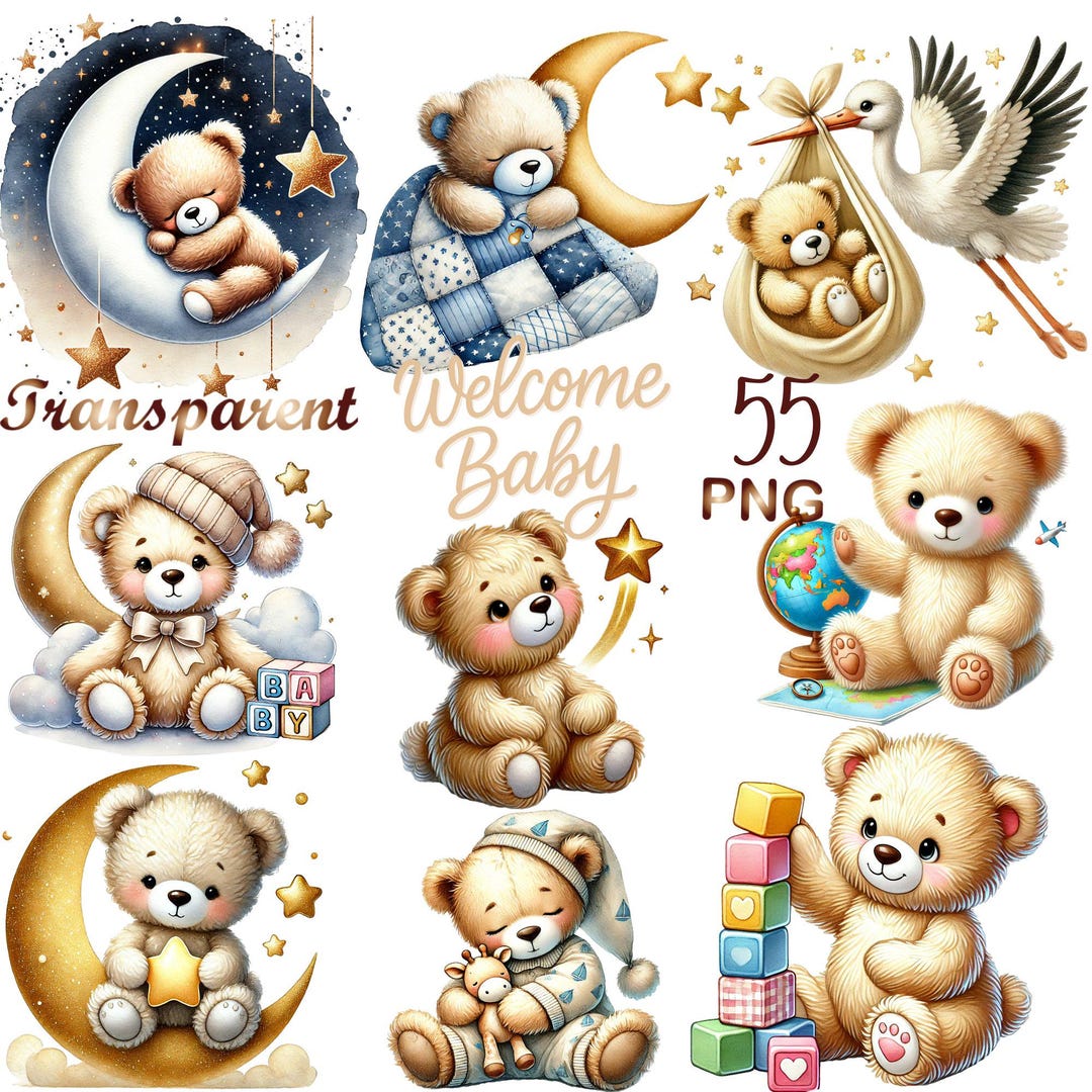 Sleeping Teddy Bears Clipart Bundle – 55 PNG | Cute Watercolor Baby ...