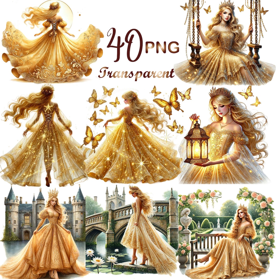 40 PNG Royal Golden Princess Clipart Bundle, Luxury Gold Gown Princess ...