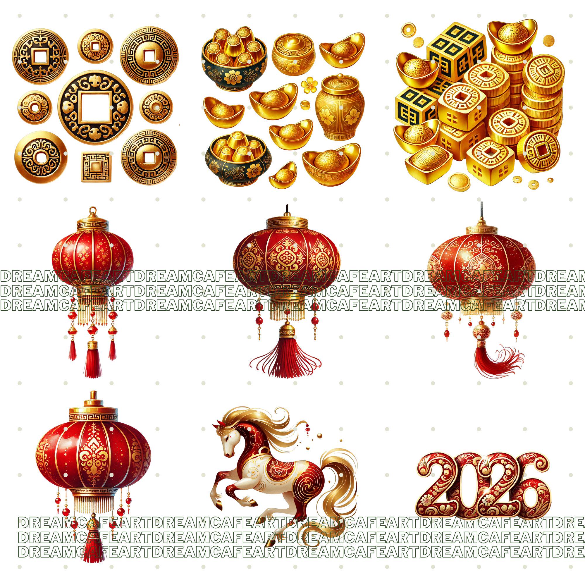 2026 Chinese New Year Clipart Set – Red Gold PNG Bundle With Lanterns ...