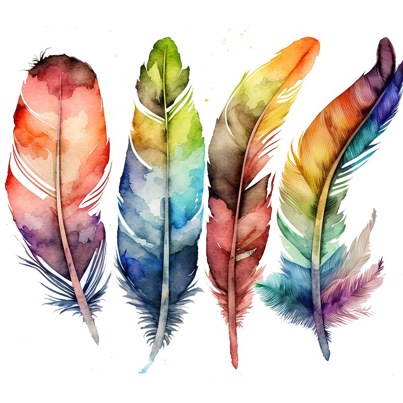 11 Watercolor Feather Clipart, Exotic Boho Feathers, Bohemian Clip Art ...