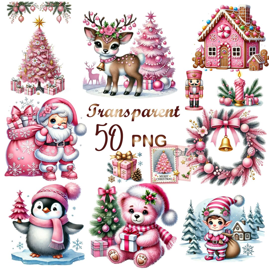 50 PNG Set 1 Pink Christmas Clipart Bundle, Winter Graphics, Xmas ...