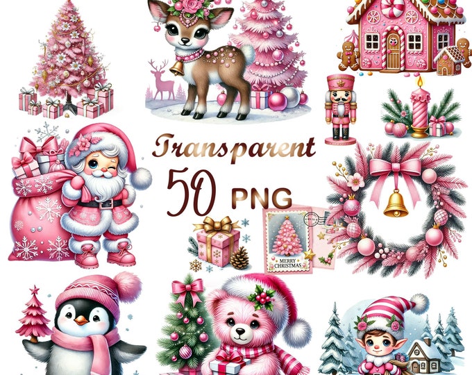 Watercolor Pink Christmas Clipart, Pink Christmas Decor, Pink Christmas ...