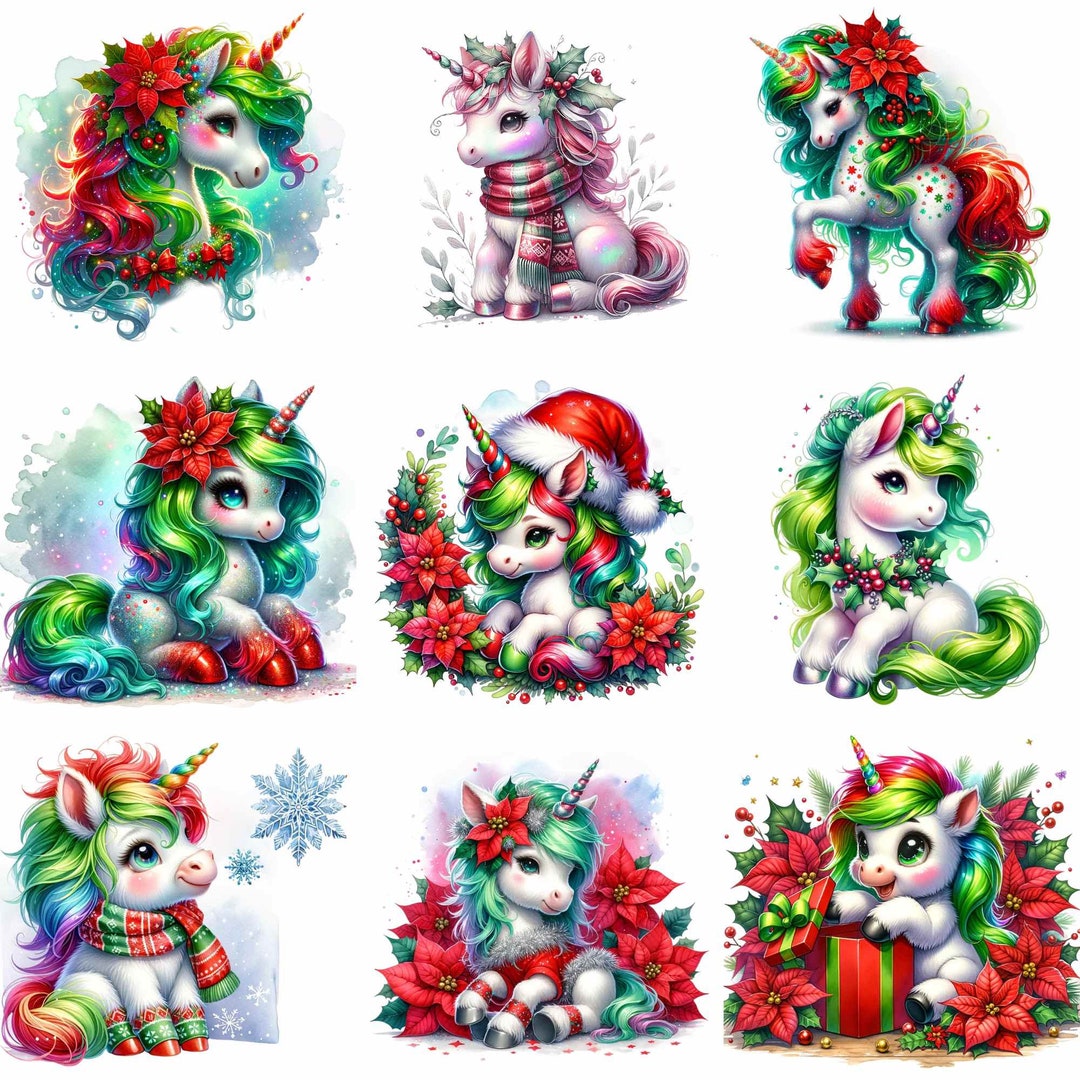 16 Christmas Unicorn Clipart, PNG Baby Unicorn Watercolor Clipart ...