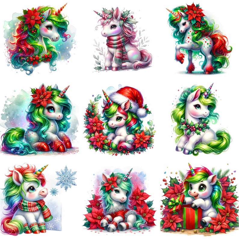 16 Christmas Unicorn Clipart, PNG Baby Unicorn Watercolor Clipart ...