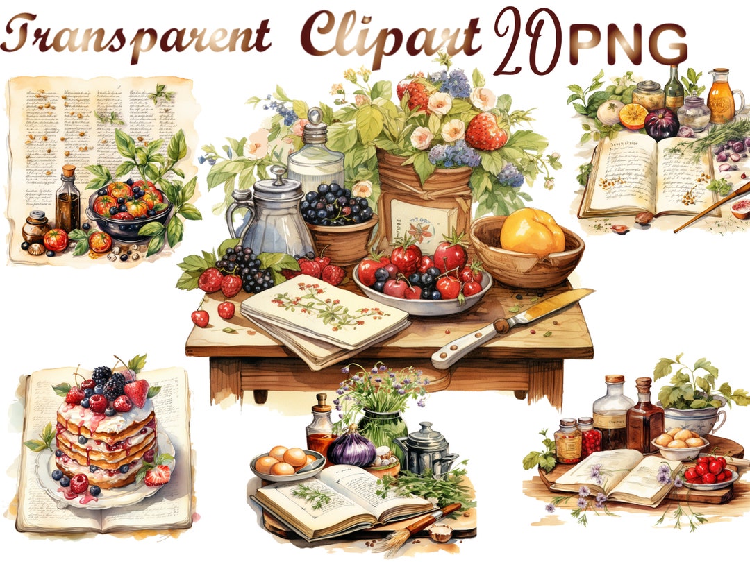 20 Watercolor Victorian Cookbook Clipart, PNG, Cookbook Clipart ...
