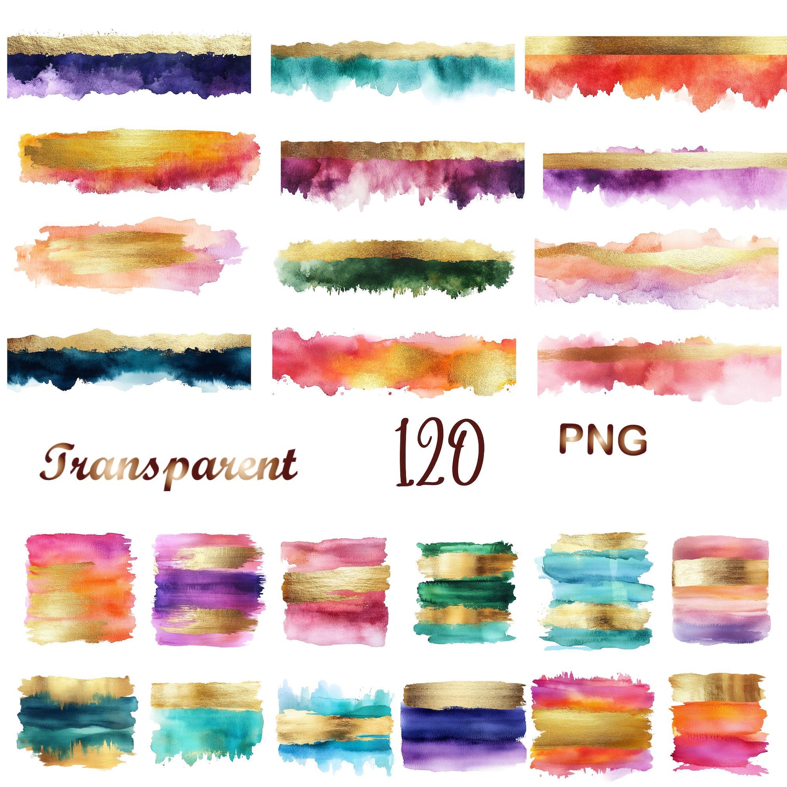 Watercolor Brush Strokes Clipart Set: Gold & Boho PNG (digital Download ...