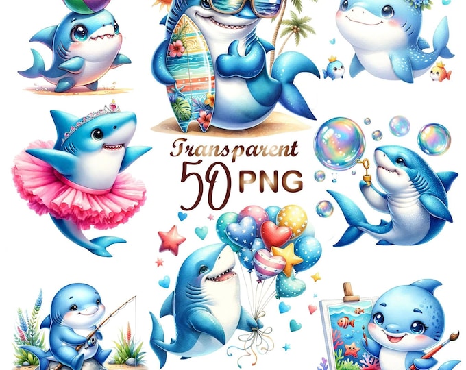 Cute Shark PNG Clipart , Watercolor Shark Clipart, Sharks Design, Cute ...