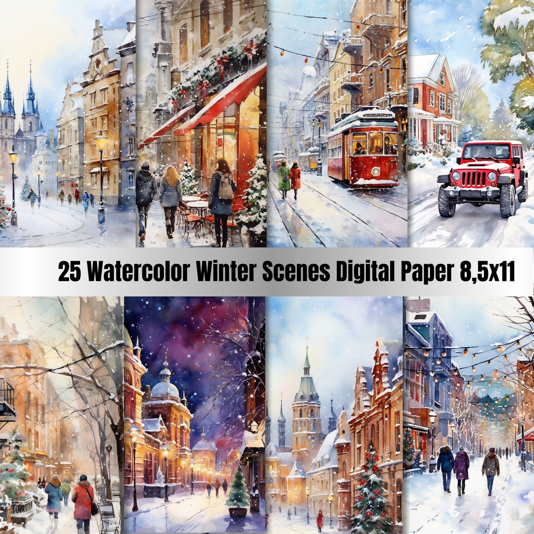 25 Printable Watercolor Winter Scenes Digital Paper, Cozy Winter ...