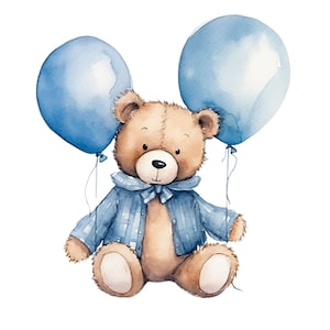 12 Teddy Bear Blue Balloon Jpgs, High Quality, Digital Planner, Paper Crafts, Watercolor, Teddy ...